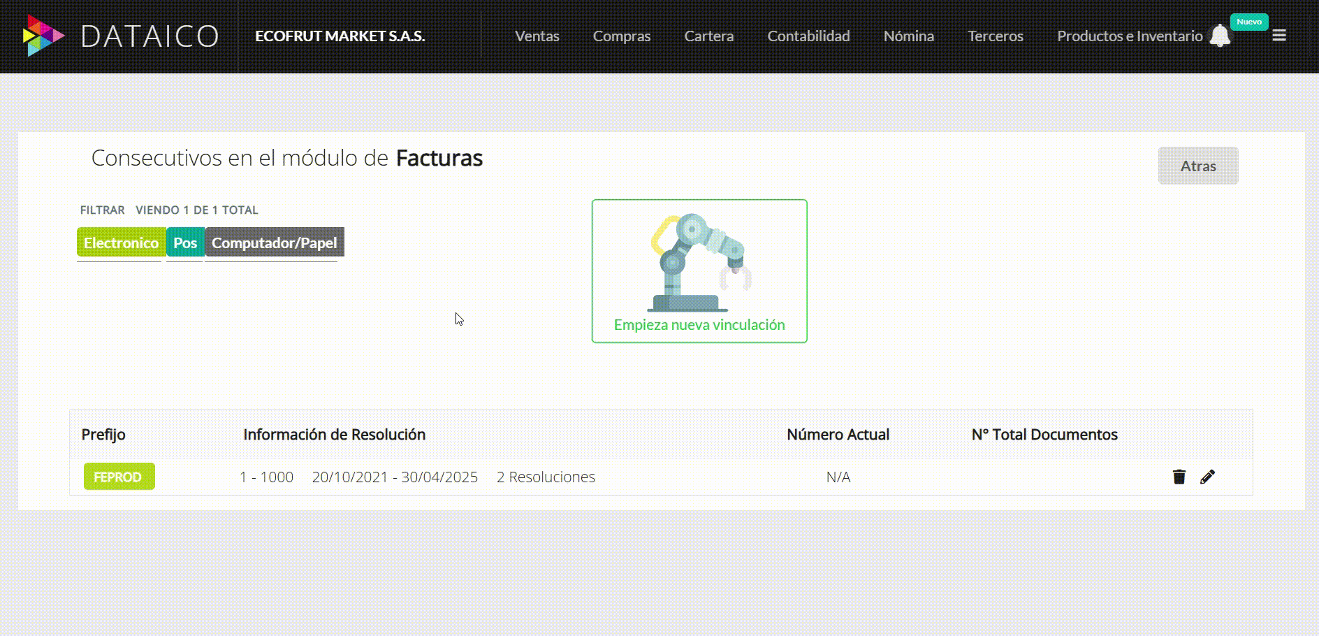 ¿Cómo asociar o actualizar una nueva resolución de facturación electrónica en Dataico?