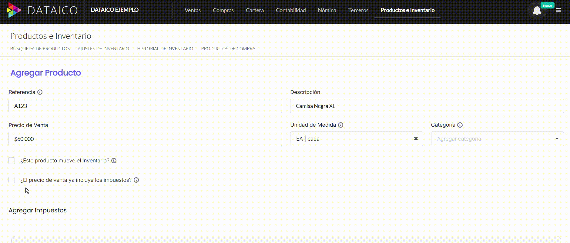 Paso a paso para crear un Producto en Dataico.