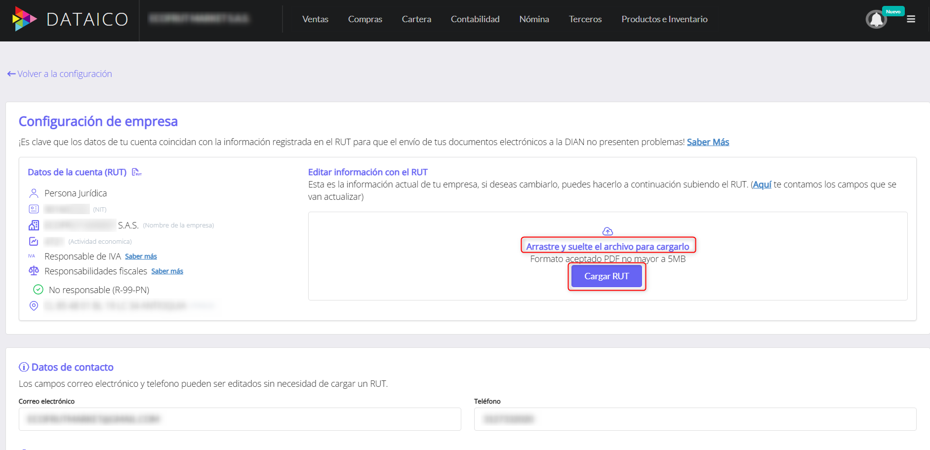 ¿Cómo cargar el RUT para actualizar los datos de la cuenta en Dataico?