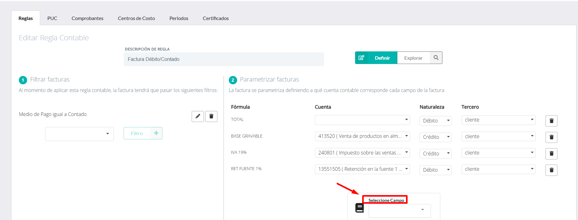 ¿Cómo se parametrizan las reglas contables en Dataico?