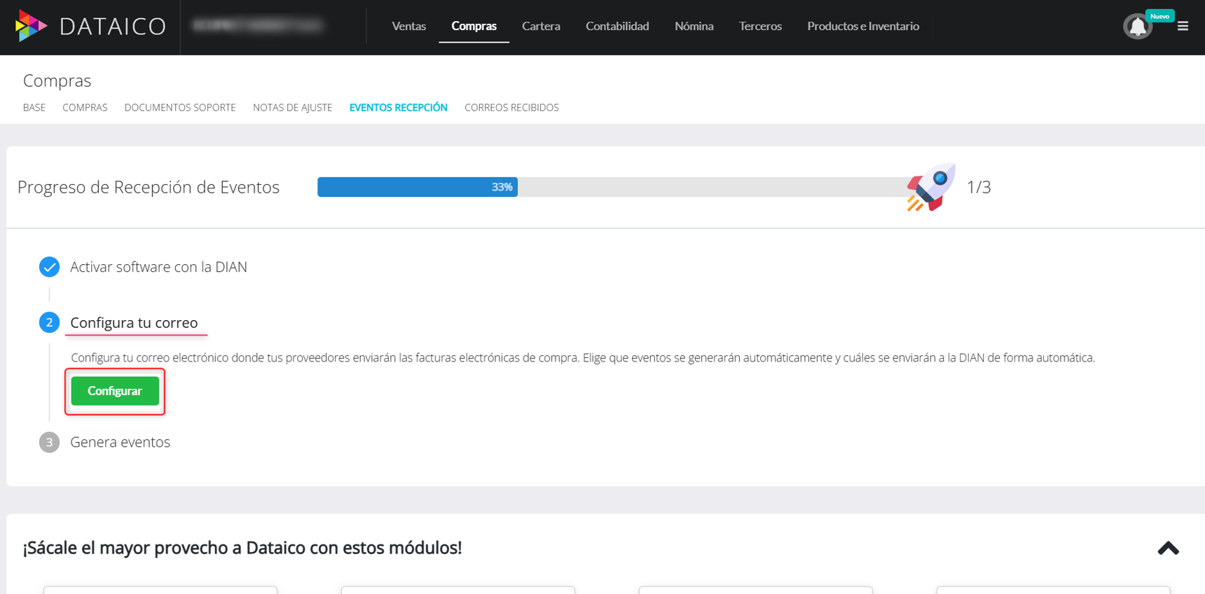Configuración para activar Eventos de Recepción en Dataico