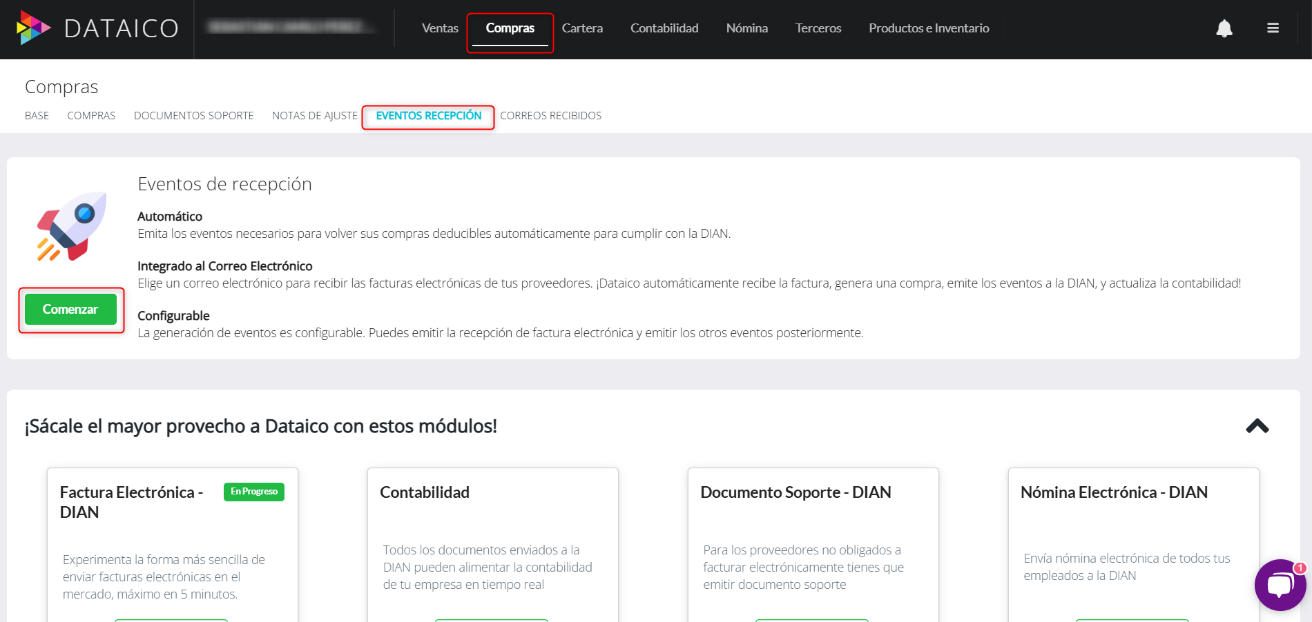 Configuración para activar Eventos de Recepción en Dataico